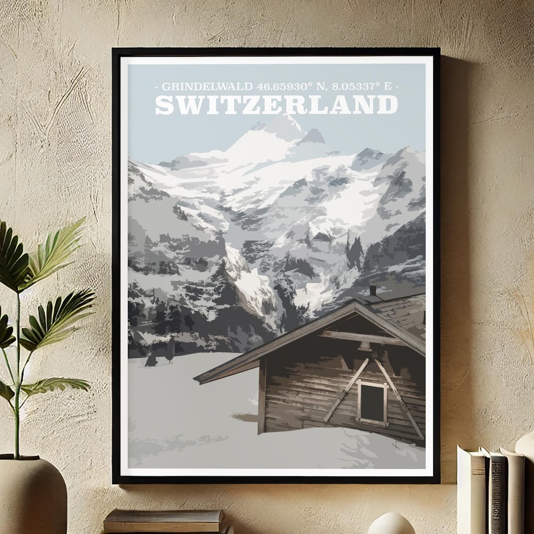 Alpine Cabin in Grindelwald Print | Swiss Winter Poster | Rustic ...