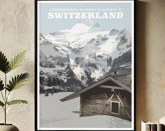 Alpine Cabin in Grindelwald Print | Swiss Winter Poster | Rustic ...