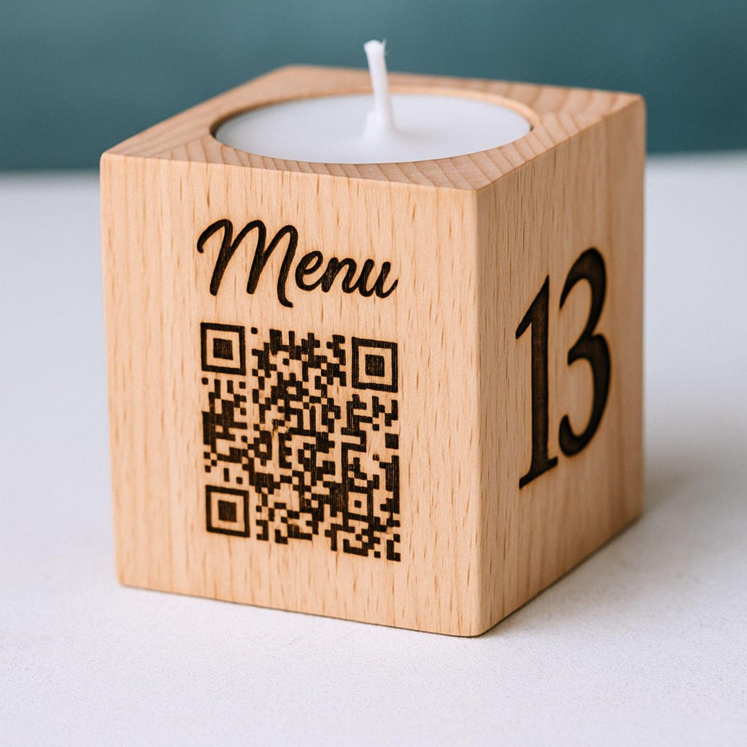 Personalized Wood QR Code Menu With Candle Holder – QR Code Menu Sign ...