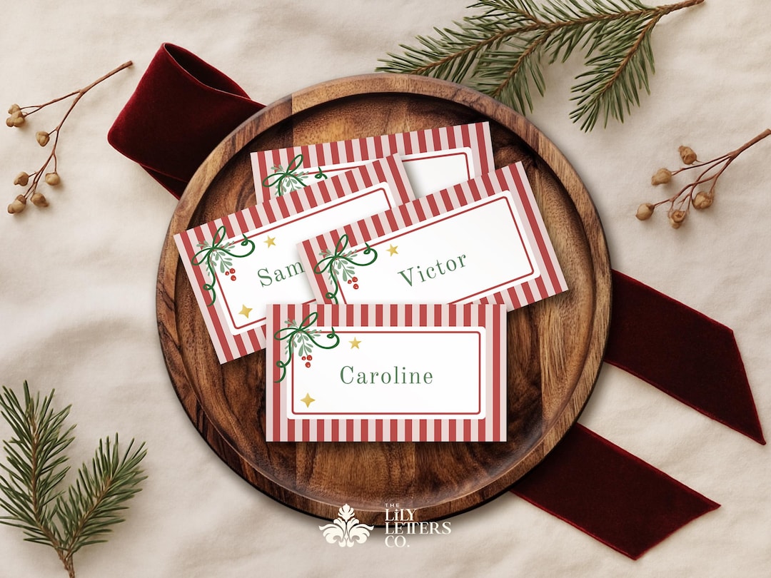 Christmas Party Place Card Template, Elegant Holiday Dinner Name Tag ...