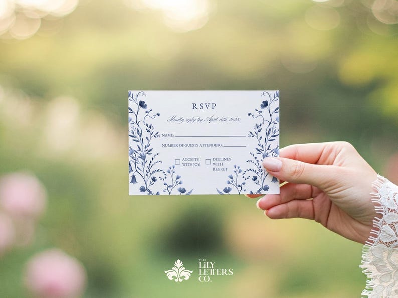 Navy Blue Floral Wedding RSVP Card Template, Dusty Blue Garden ...