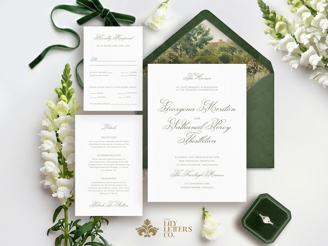 Classic Sage Green Wedding Invitation Template Suite, Regency Period ...
