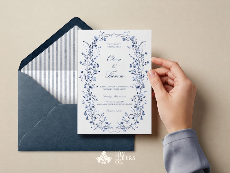 Navy Blue Floral Wedding Invitation Template Set, Dusty Blue Garden ...