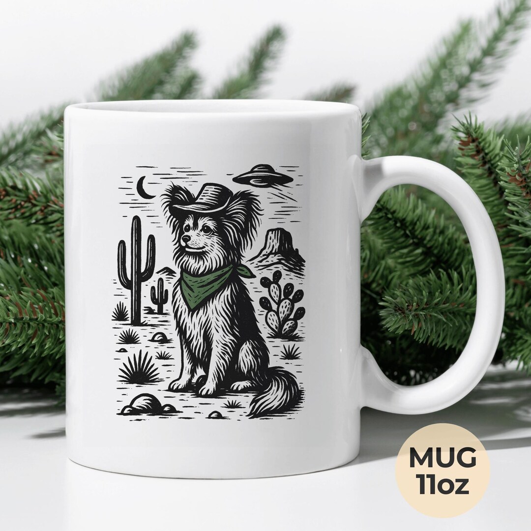 Papillon Dog Mug With Cute Western UFO Alien Desert Design, Funny Space ...