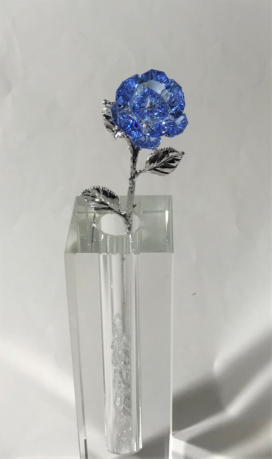 Long Stem Blue Crystal Rose in Crystal Vase - Blue Crystal Flower in ...