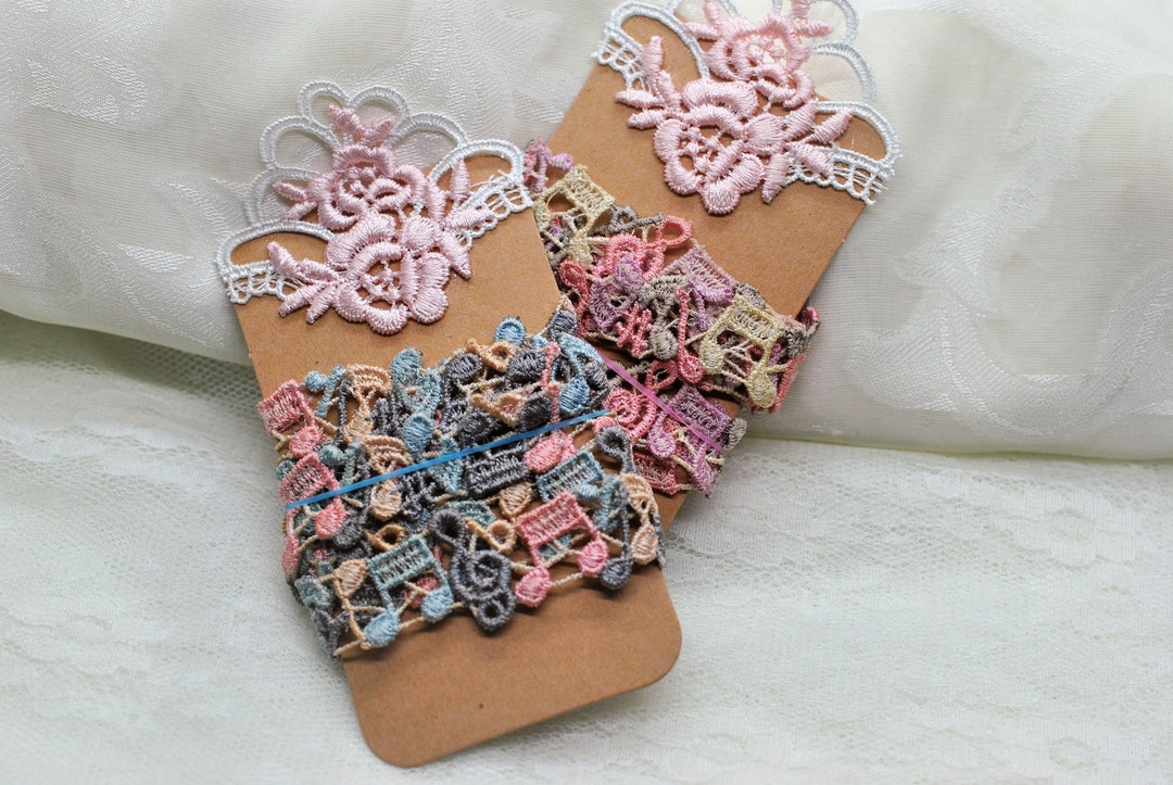 Grunge Embroidered Music Notes Lace Ribbon Trim, Multicolor Blue Gray ...