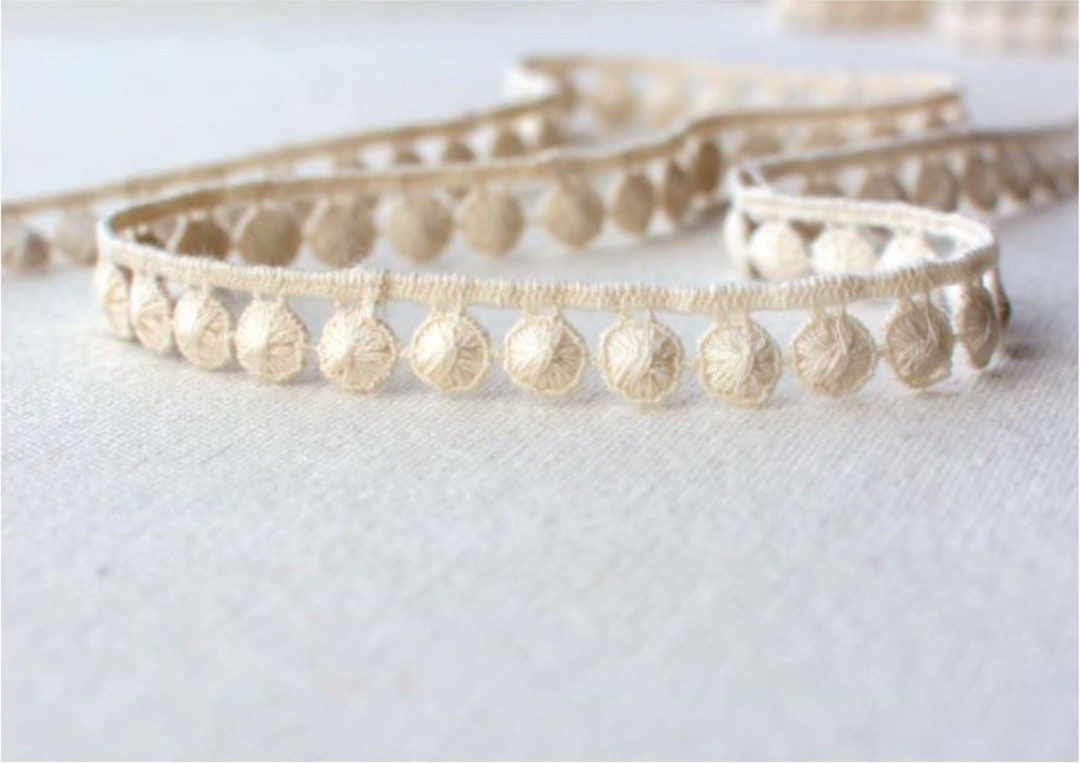 Ecru Small Pom Pom Cotton Trim Lace, Dainty Cream Pompom Trim ...