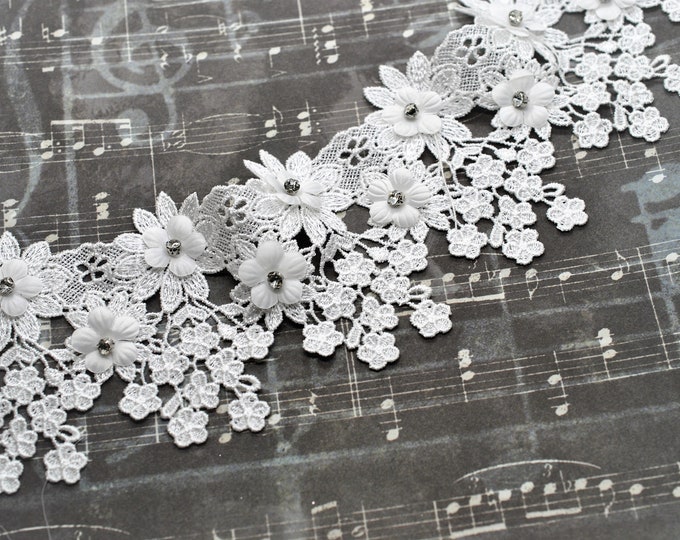 3D White Floral With Rhinestone Flower Cluster Embroidered Lace 3 1/2 ...