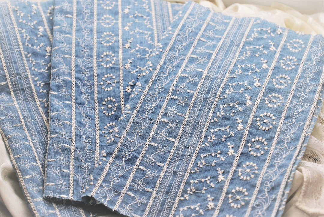 Floral Embroidered Blue Cotton Fabric Material, Journal Cover, Soft ...