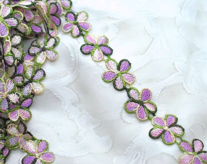 Small Floral Purple Green Flower Embroidered Lace Trim 1", Shabby Chic ...