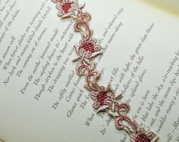 Red Tan Floral Embroidered Venice Lace Trim 1", Shabby Chic, Doll Trim ...