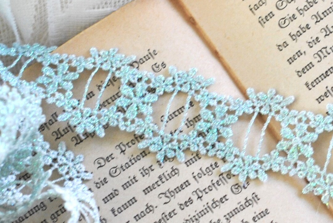 Pale Mint Green Floral Ladder Lace Trim With Sparkle 1
