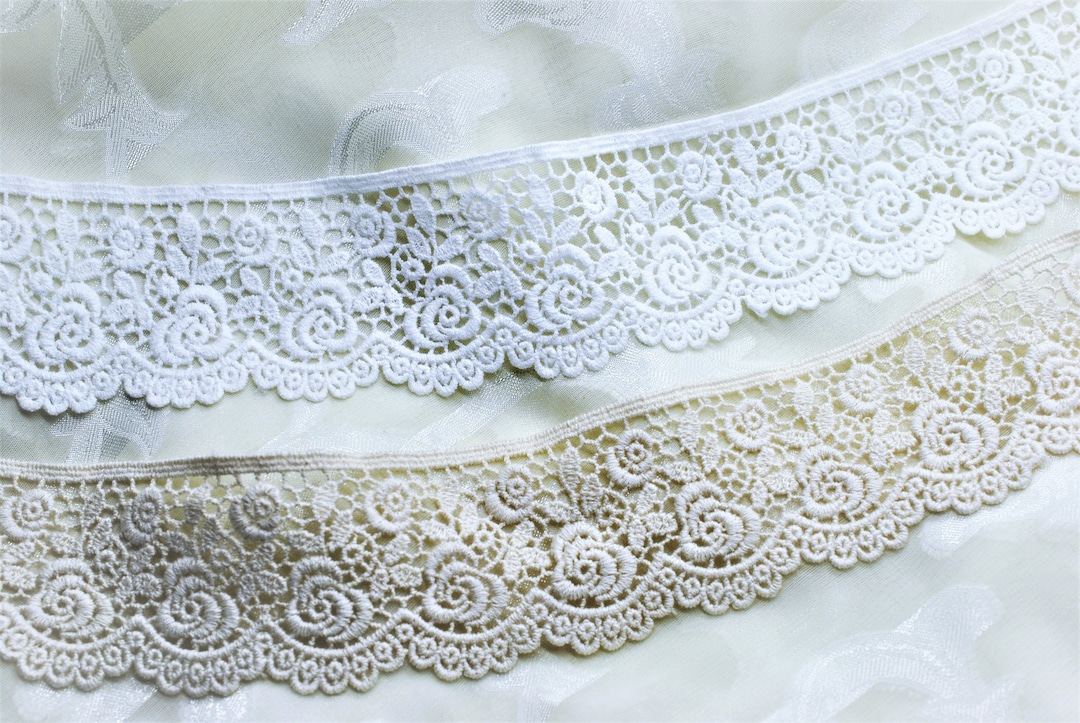 Cream or White Cotton Scallop Embroidered Rose Flower Lace Trim 1 3/4 ...