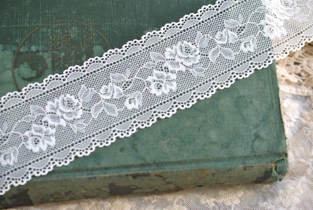 White Rose Design Floral Flower Stretch Mesh Lace 2 1/4, Decorative ...