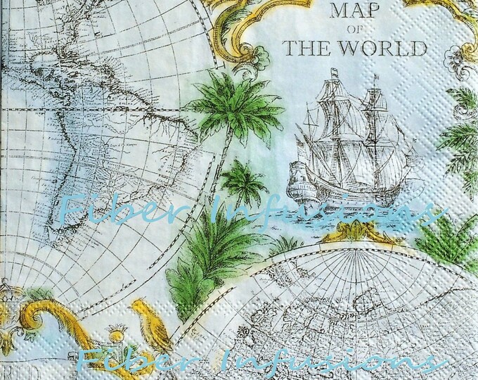 Decoupage Luncheon Paper Napkin, Vintage Inspired World Map, Pirate ...