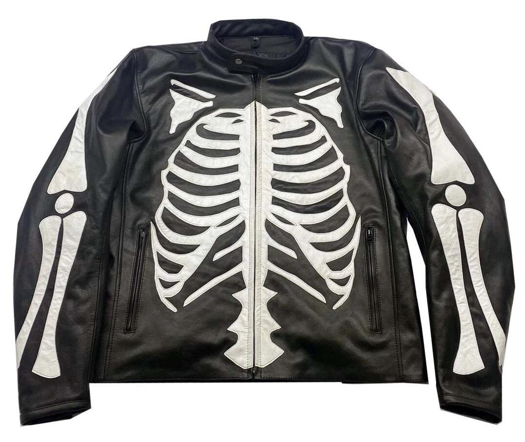 Men's Leather Jacket Skeleton Bones Biker Style Motorcycle Real Leather ...