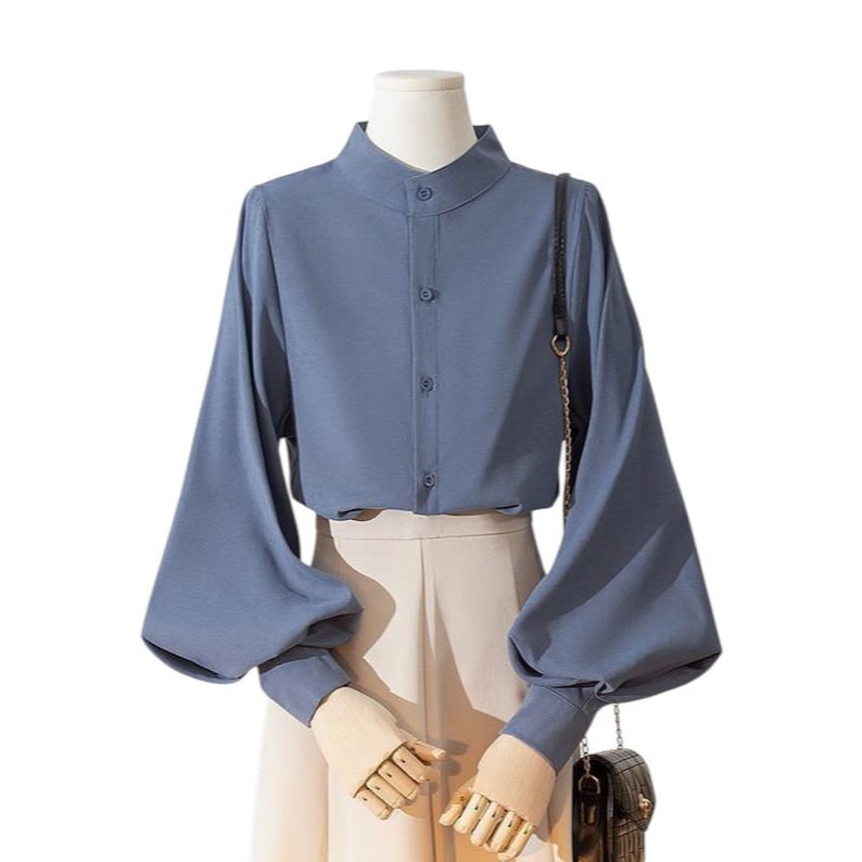 Blue Lantern Sleeve Blouse, Elegant High Neck Top, Formal Casual Office ...