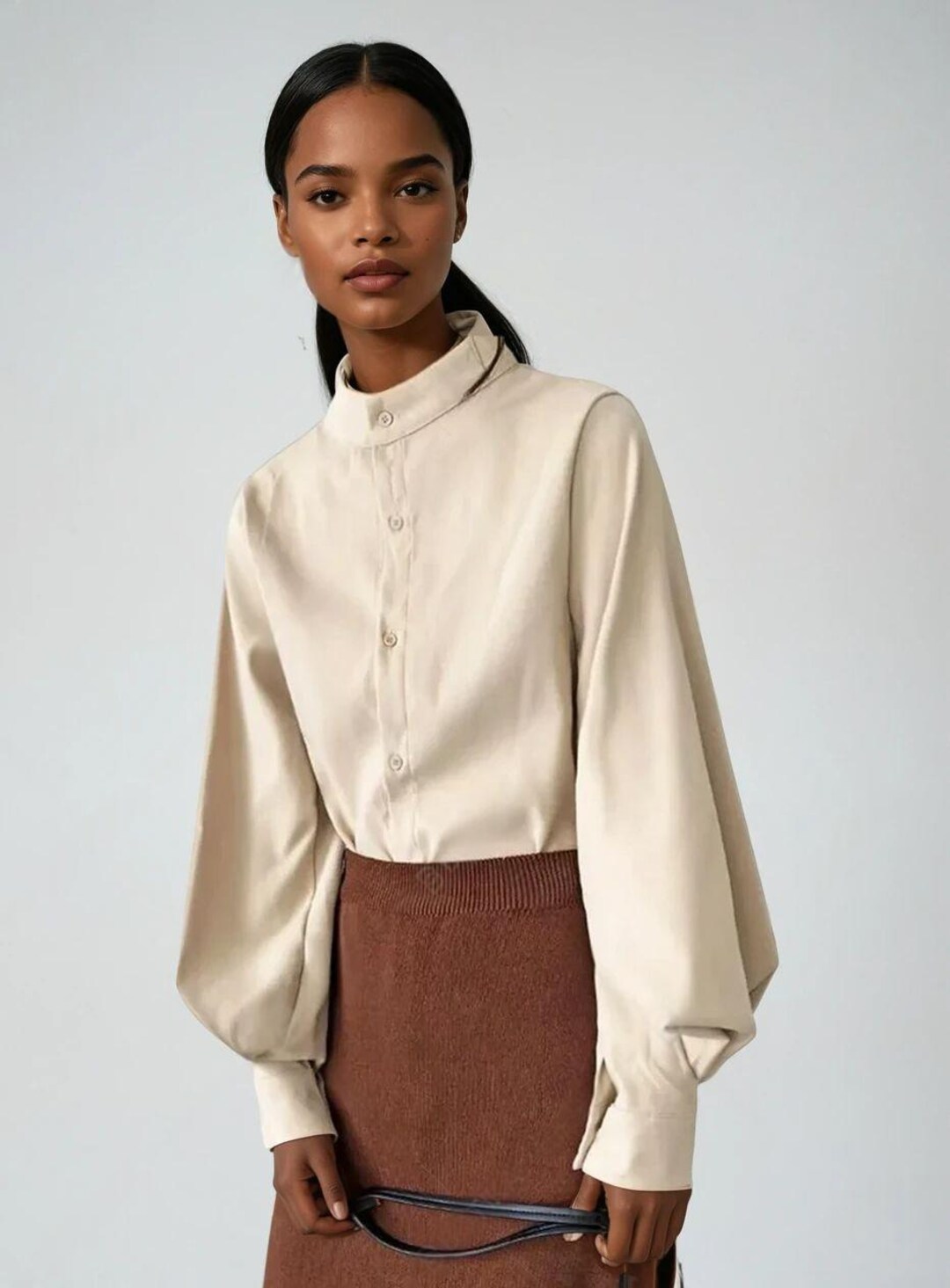Beige Lantern Sleeve Blouse, Elegant High Neck Top, Formal Casual ...