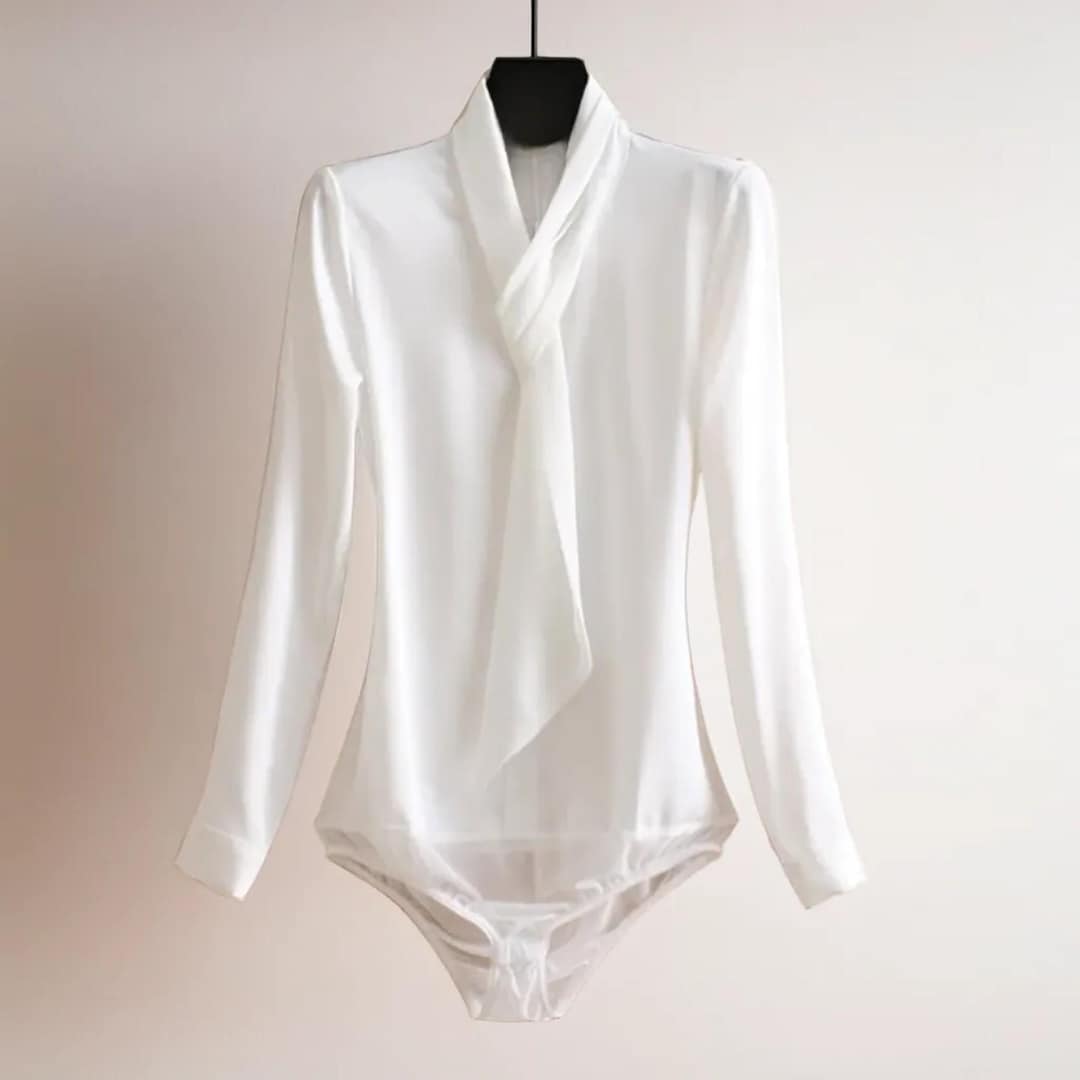 Blue Tie Neck Bodysuit, Elegant Blouse Bodysuit, Long Sleeve Top ...