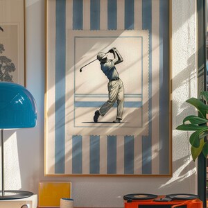 Vintage Golf Swing Poster: Retro Golfer Art, Blue Stripe Background - Etsy