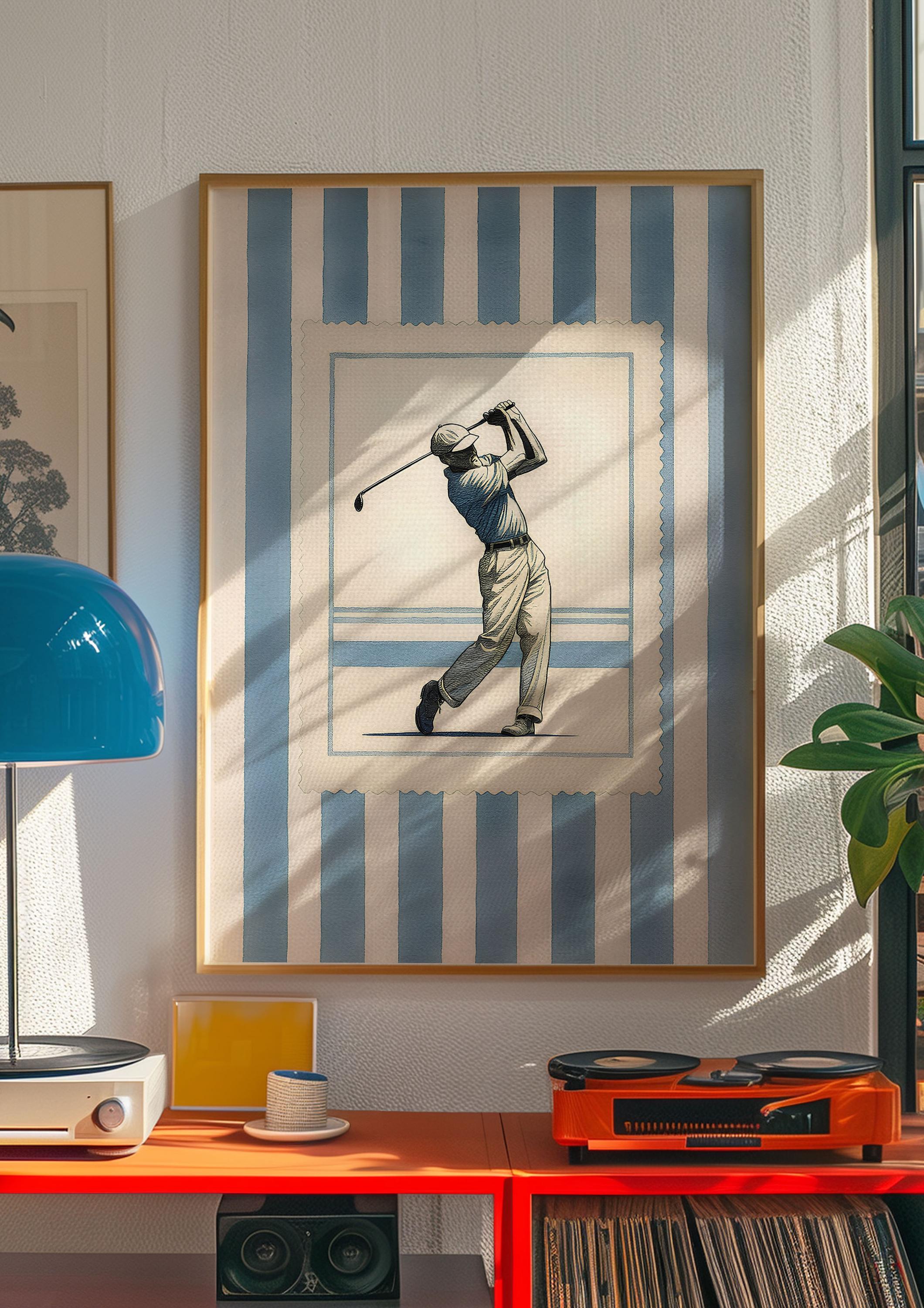 Vintage Golf Swing Poster: Retro Golfer Art, Blue Stripe Background - Etsy