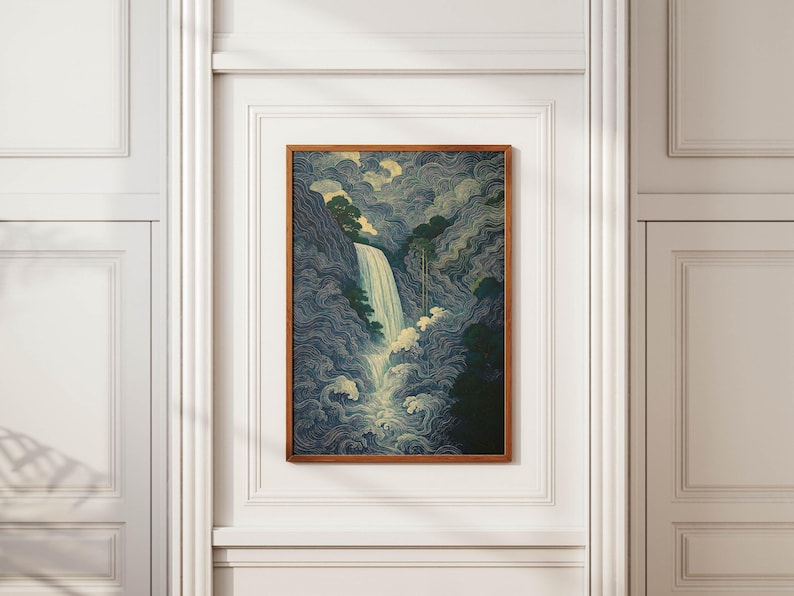 Hokusai-style Japanese Waterfall Print - Blue Green Ukiyo-e Landscape ...