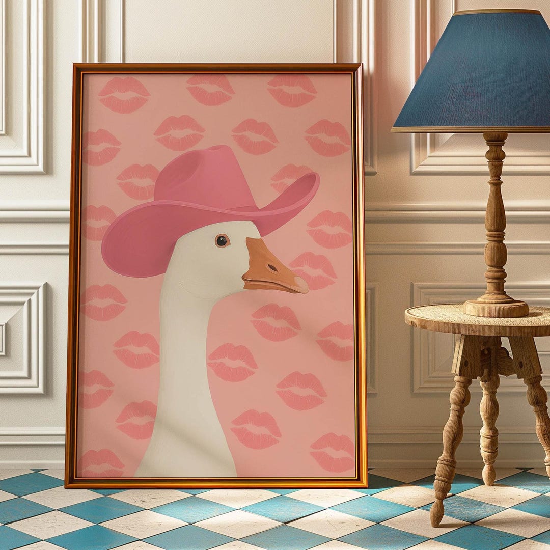 Silly Goose With Pink Cowboy Hat on Kiss Lips Background Poster ...