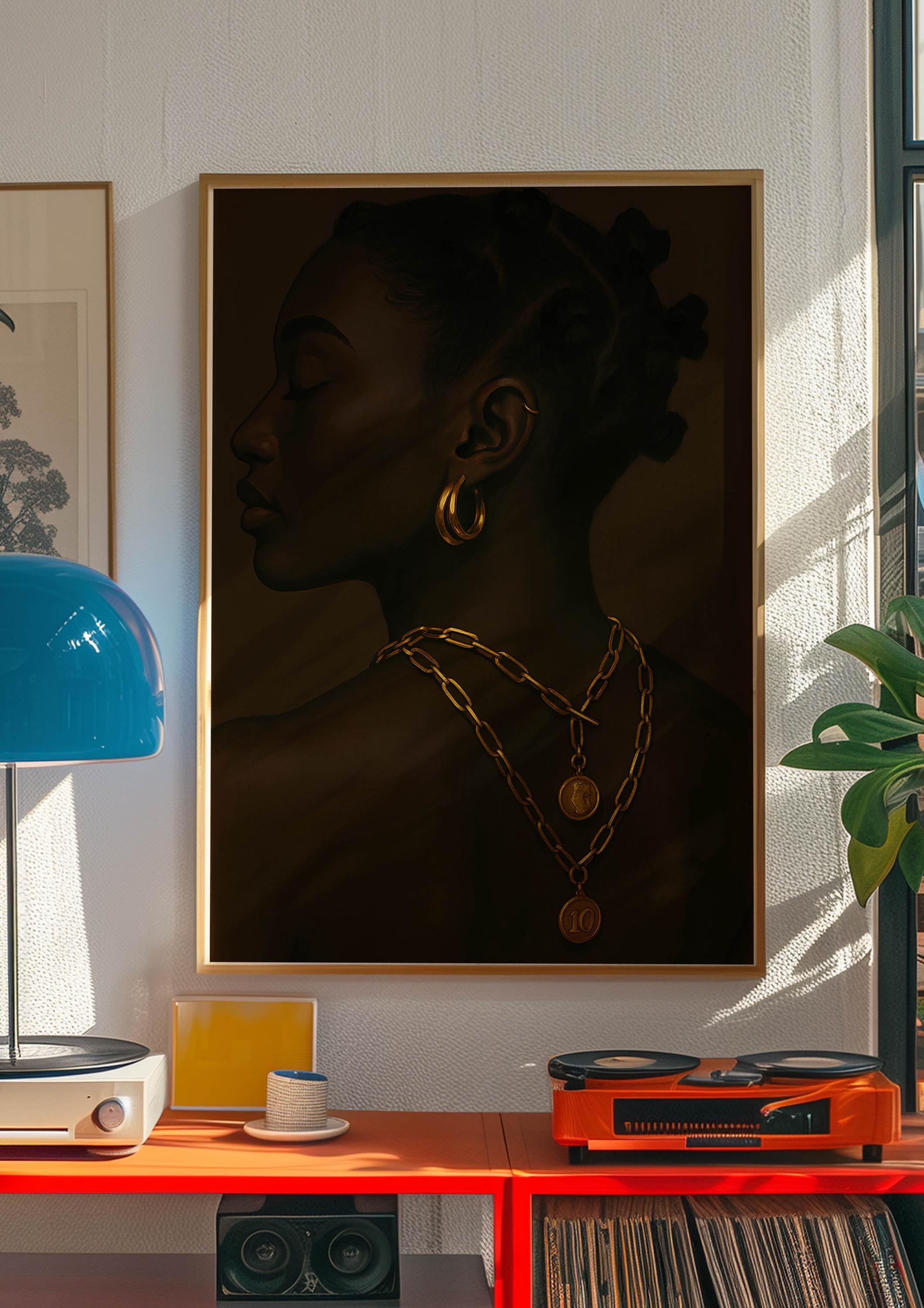 Afrocentric Black Woman Art – Gold Jewelry Portrait Wall Art Print ...