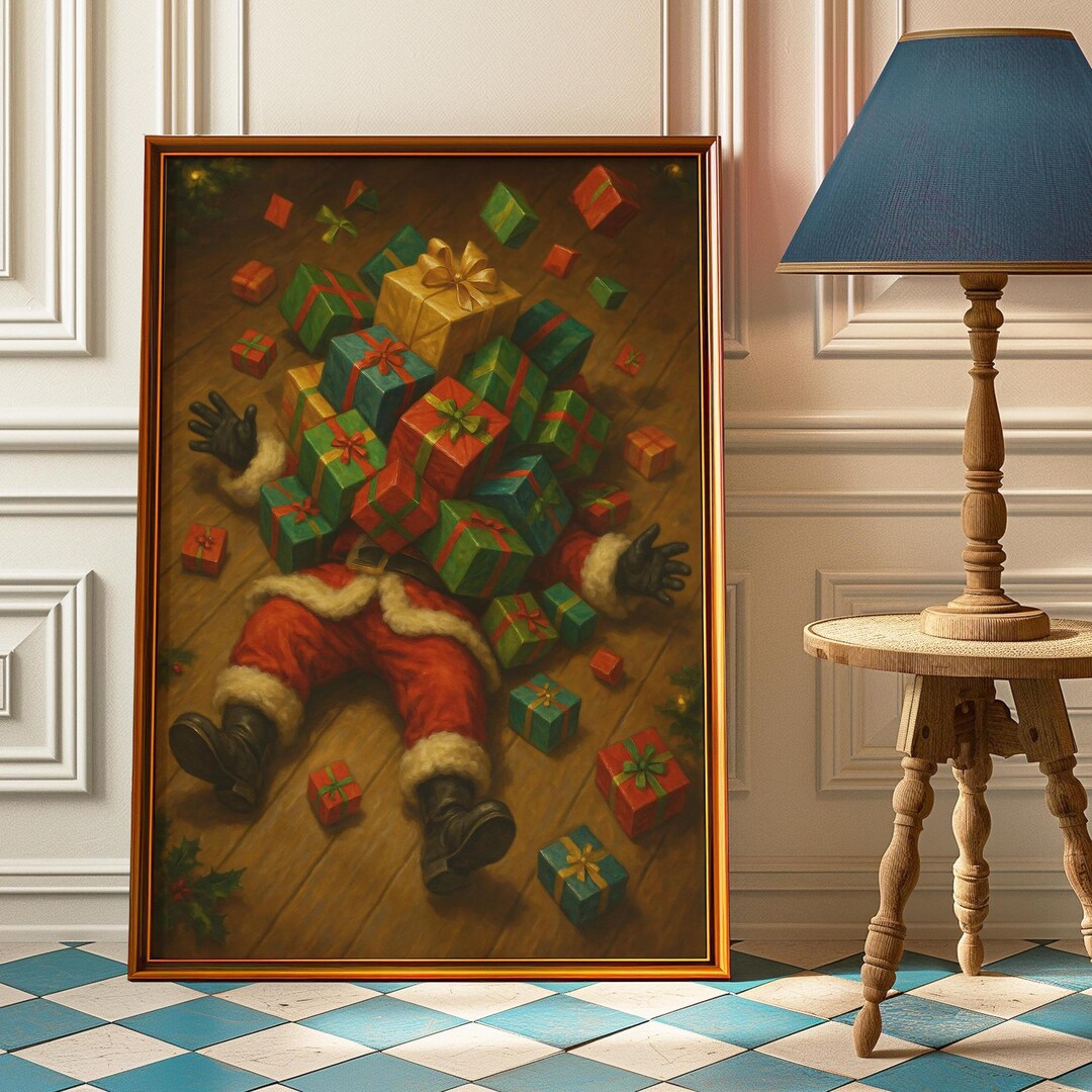 Santa Under Pile of Presents Poster, Vintage Santa Christmas Wall Art ...
