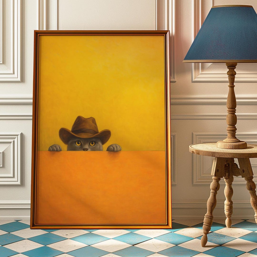 Sneaky Cowboy Cat Wall Art Print – Whimsical Western Cat Poster, Rustic ...
