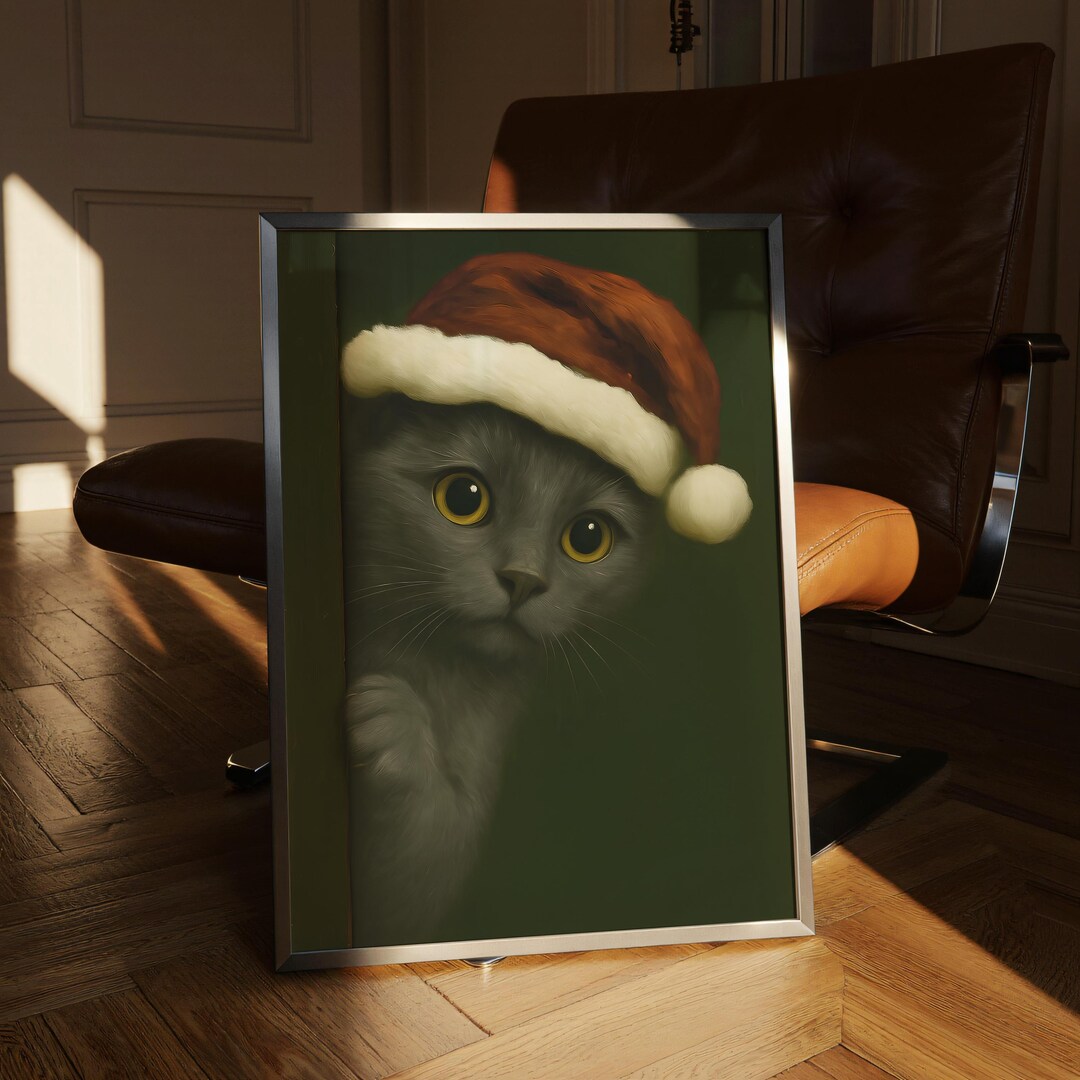 Vintage Gray Cat Christmas Print, Traditional Christmas Art, Vintage ...