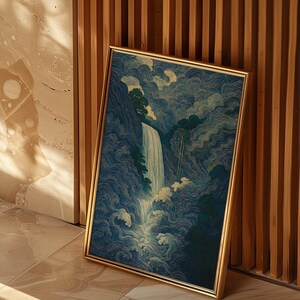 Hokusai-style Japanese Waterfall Print - Blue Green Ukiyo-e Landscape ...