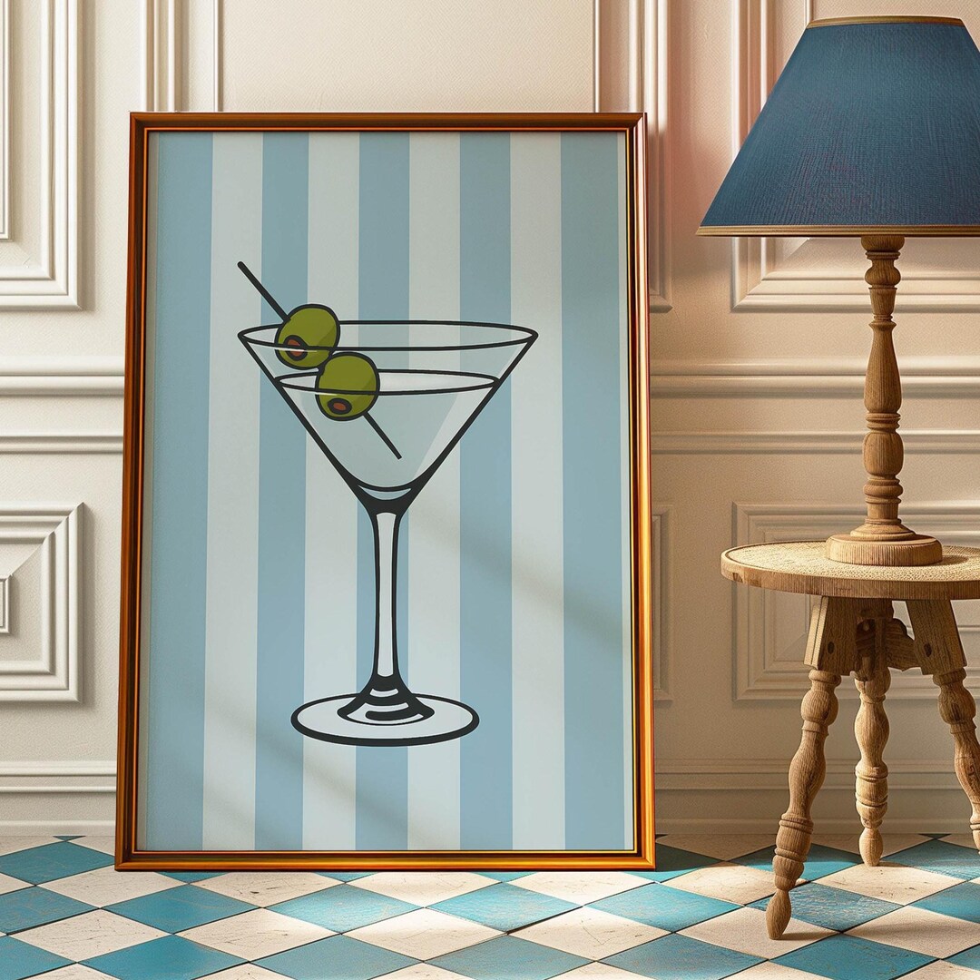 Martini Glass Poster With Blue Stripes - Dirty Martini Glass Print, Mid ...