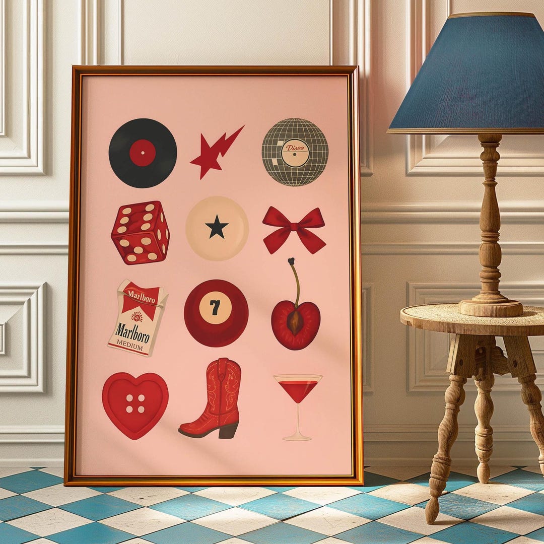 Retro Pop Culture Collage Print – Funky Disco, Dice & Cowboy Boot Art ...
