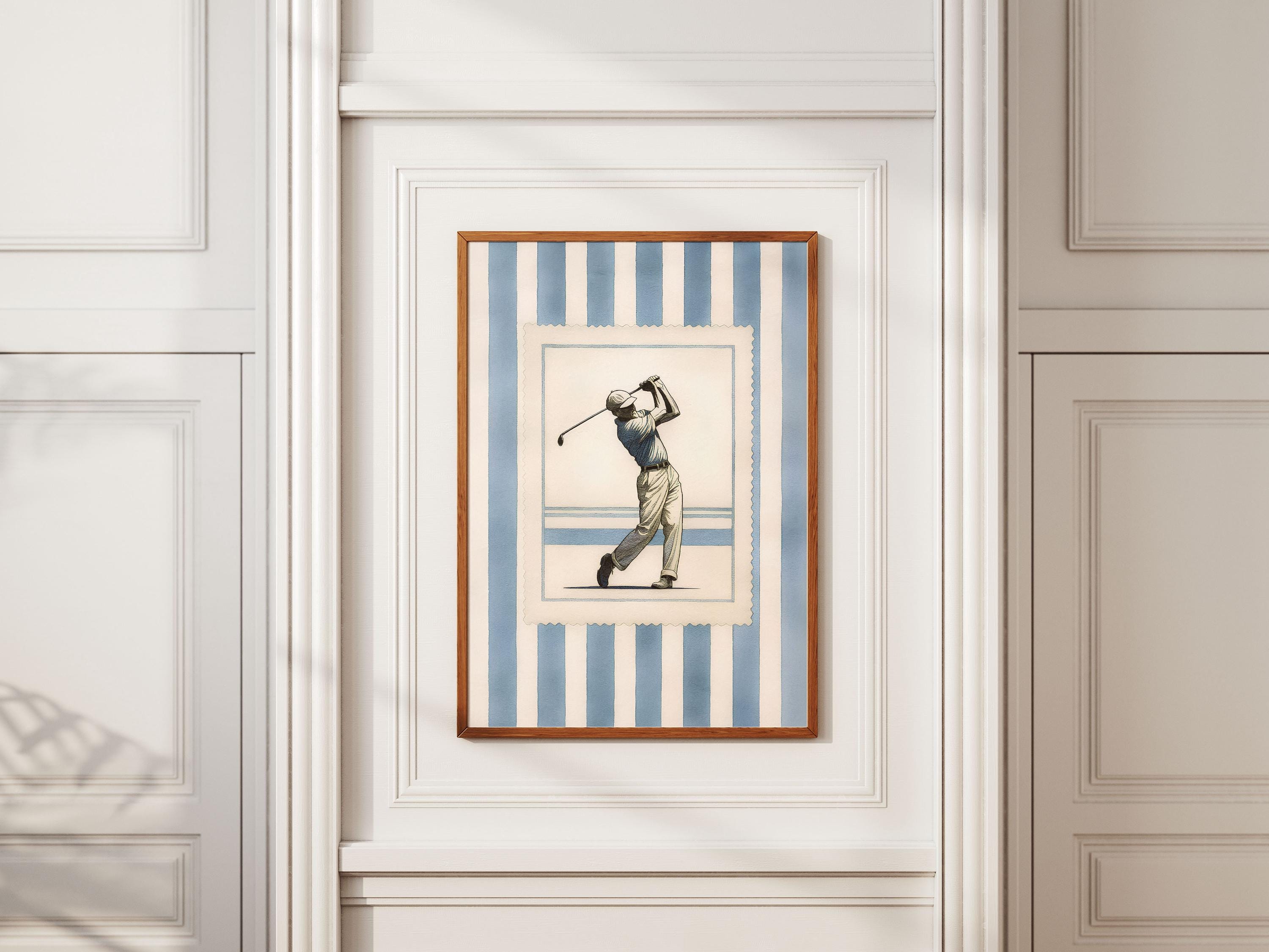 Vintage Golf Swing Poster: Retro Golfer Art, Blue Stripe Background - Etsy
