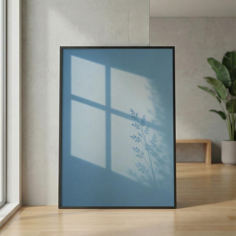 Blue Botanical Window Shadow Wall Art, Soft Minimal Plant Poster - Etsy