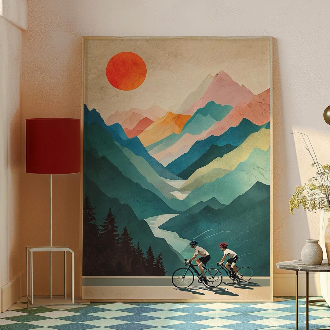 Cycling Couple Art Print - Scenic Road Bike Wall Art - Cycling ...