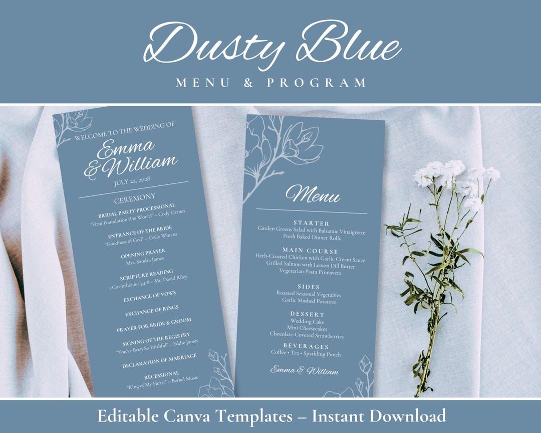 Dusty Blue Wedding Menu and Program | Canva Templates | Editable ...