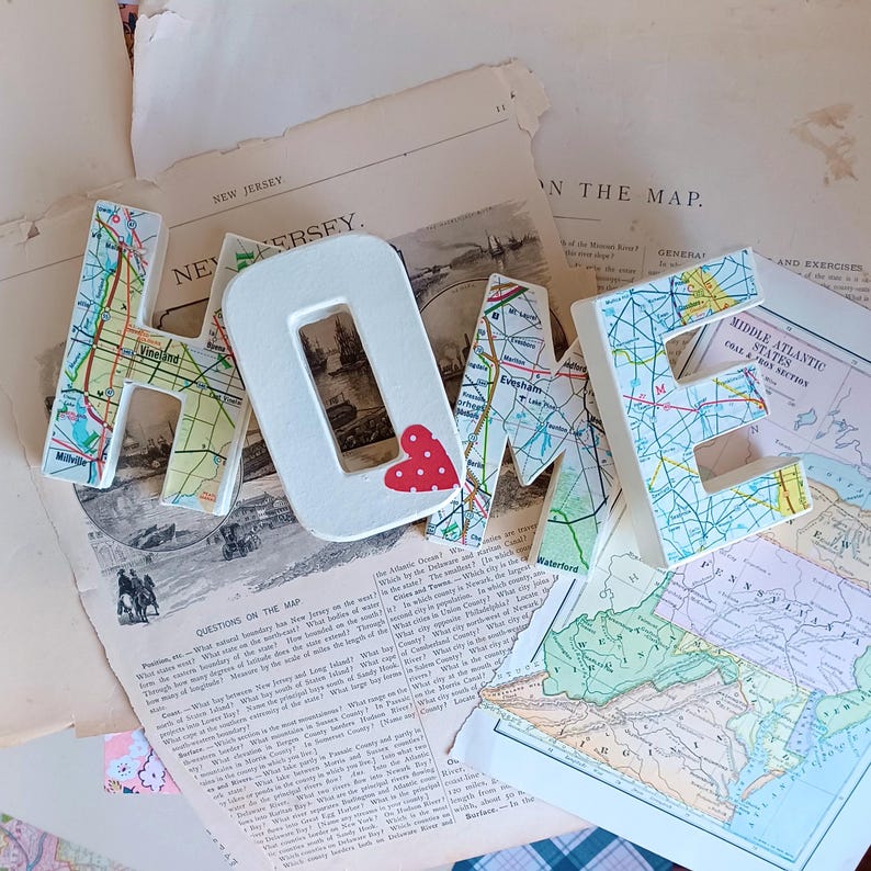 HOME Word Sign, Hand Painted White Paper Mache Letters Decoupaged With ...