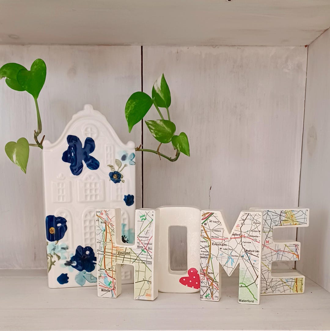 HOME Word Sign, Hand Painted White Paper Mache Letters Decoupaged With ...
