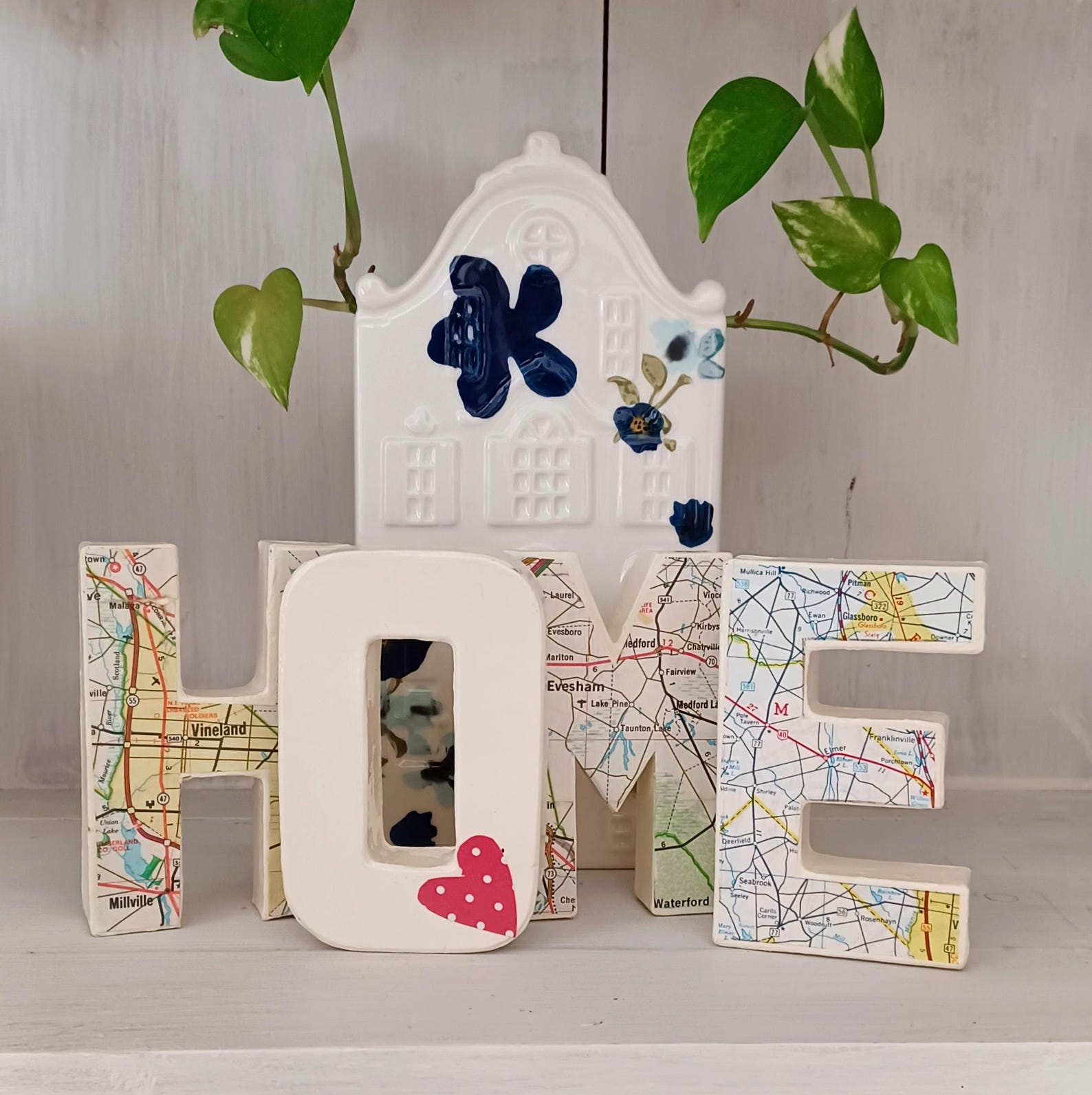 HOME Word Sign, Hand Painted White Paper Mache Letters Decoupaged With ...