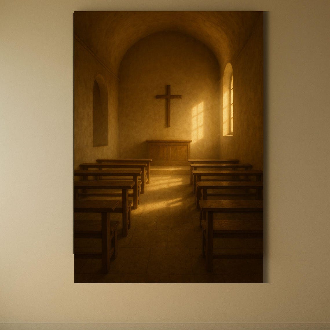 Sunlit Church Interior Canvas, Serene Christian Faith Artwork for ...