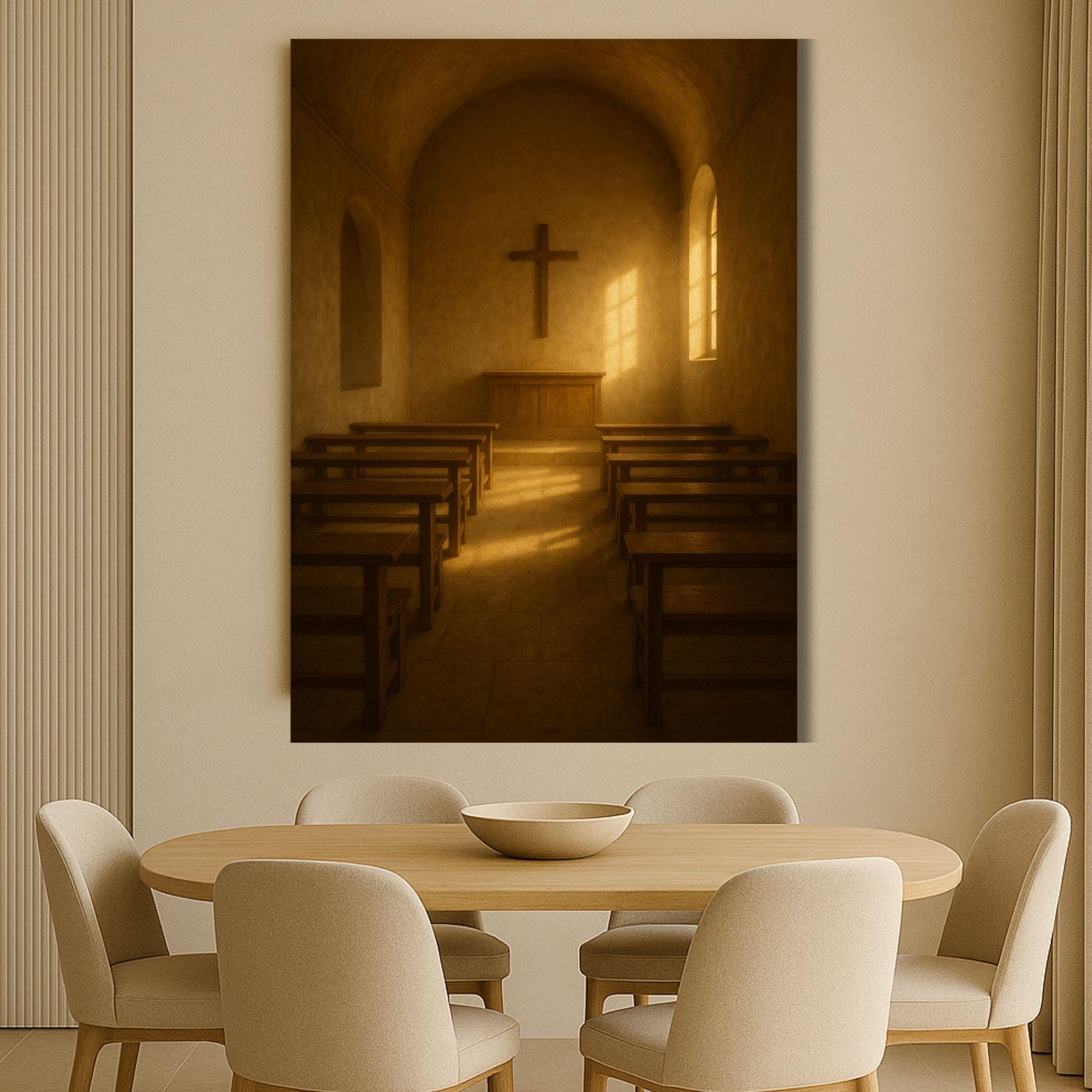 Sunlit Church Interior Canvas, Serene Christian Faith Artwork for ...