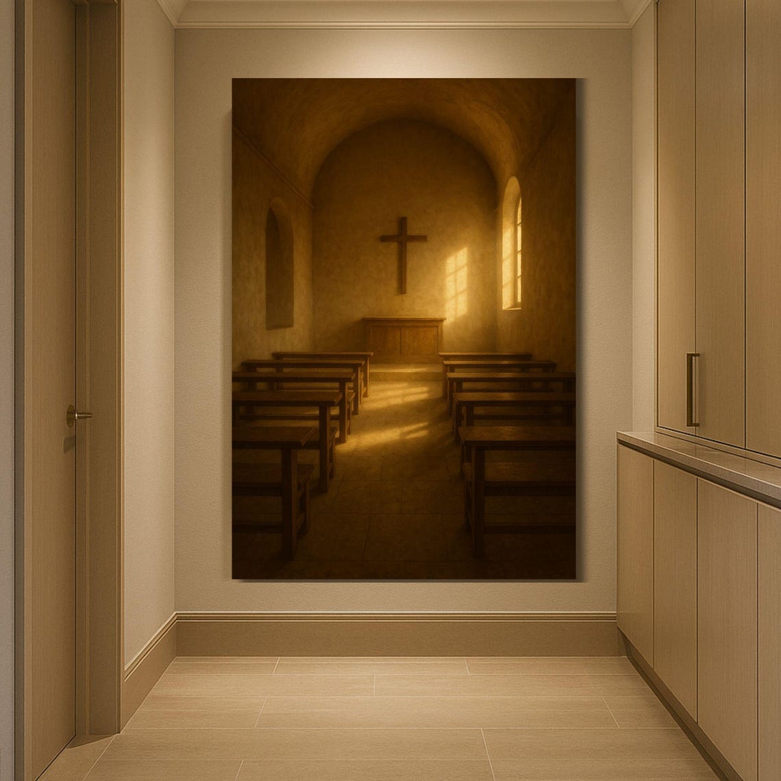 Sunlit Church Interior Canvas, Serene Christian Faith Artwork for ...