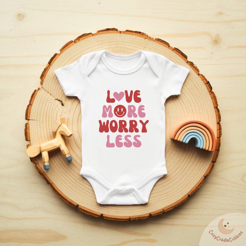Love More Worry Less Baby Onesie® Brand, Retro Positive Typography ...