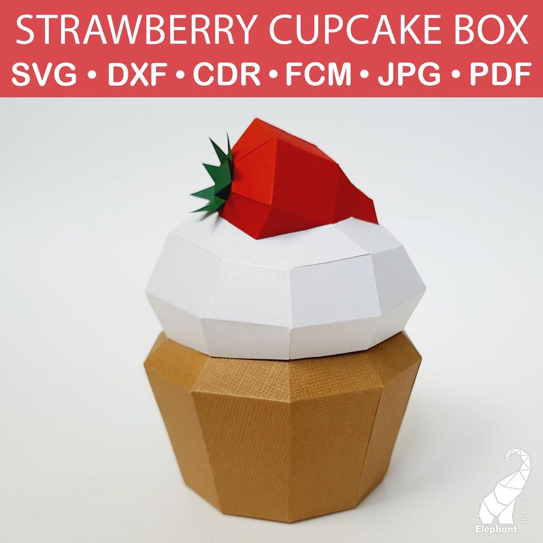 3D Papercraft Strawberry Cupcake Box Template, Low Poly Cupcake Gift ...