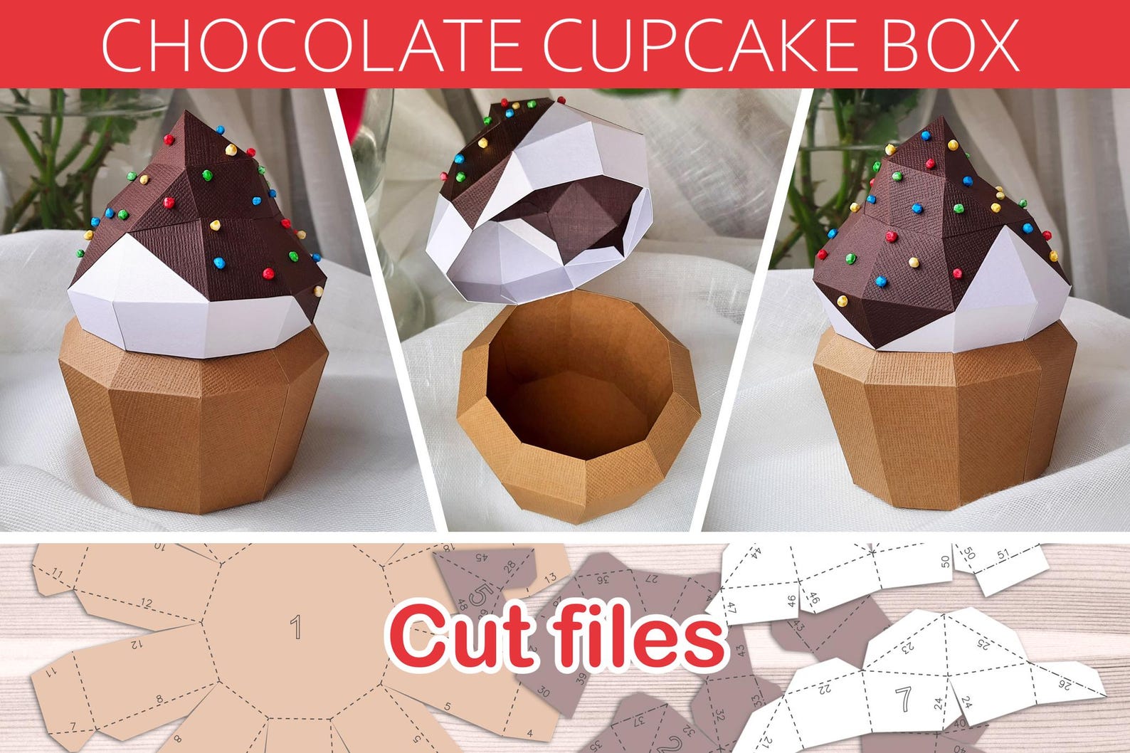 3D Papercraft Cupcake Box Bundle, Low Poly Paper Cupcake Gift Box ...