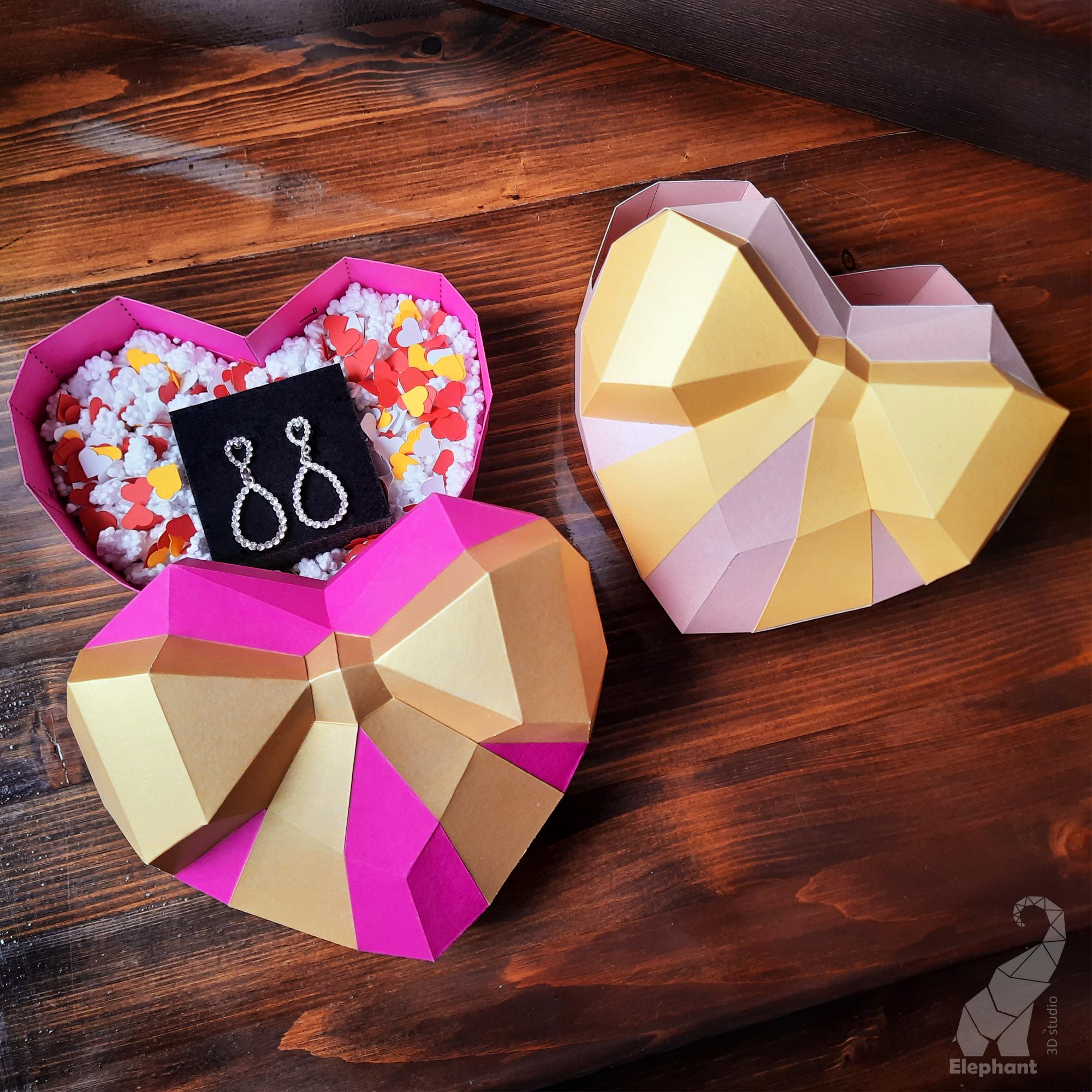 3d Papercraft Heart Gift Box Template, Low Poly Heart Shaped Box Svg ...