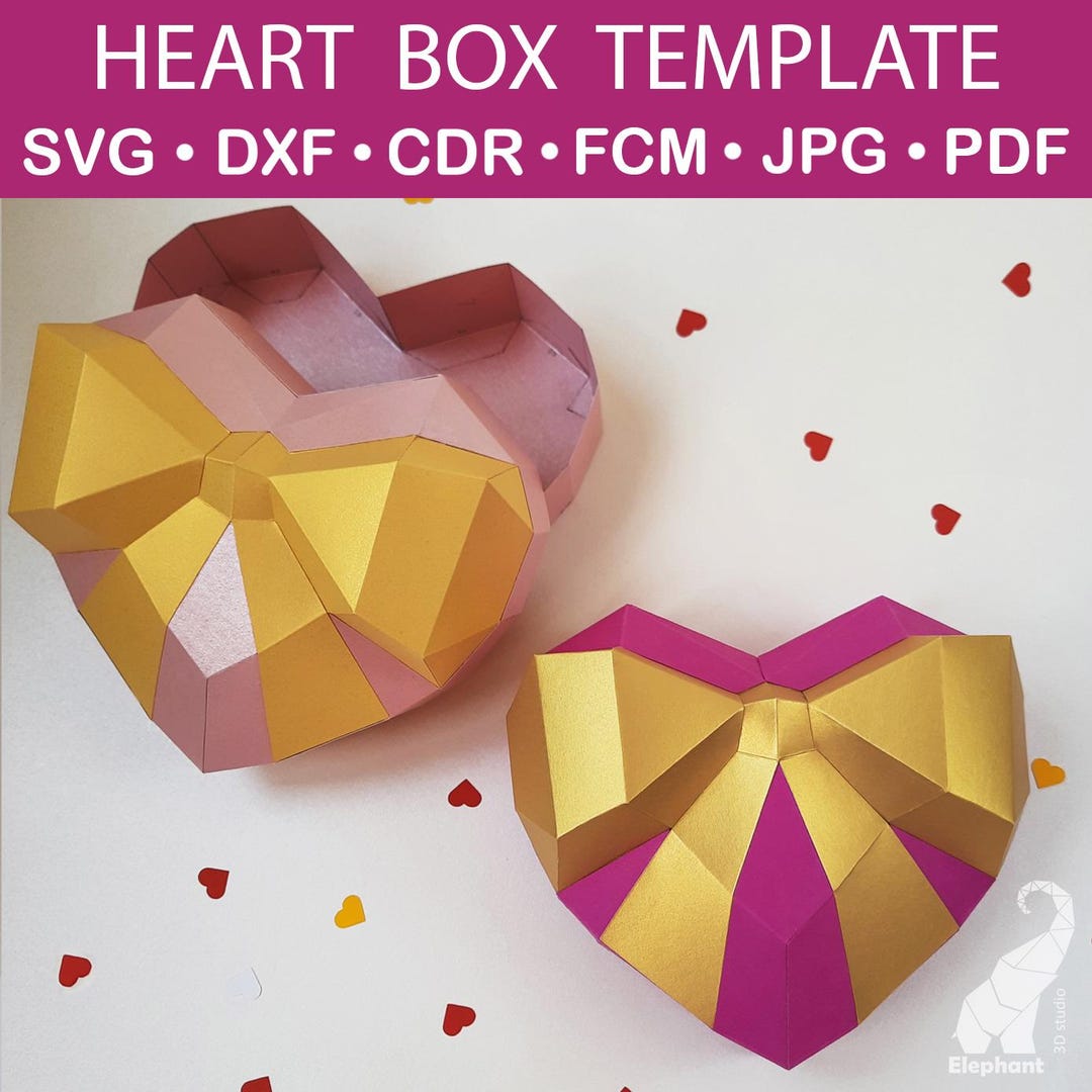 3d Papercraft Heart Gift Box Template, Low Poly Heart Shaped Box Svg ...