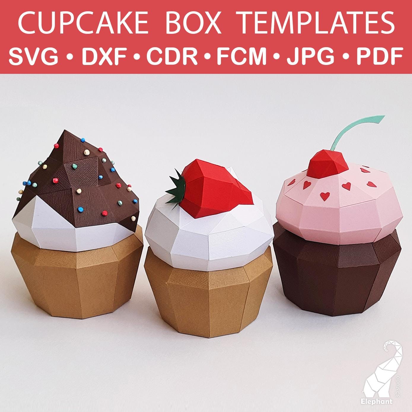 3D Papercraft Cupcake Box Bundle, Low Poly Paper Cupcake Gift Box ...